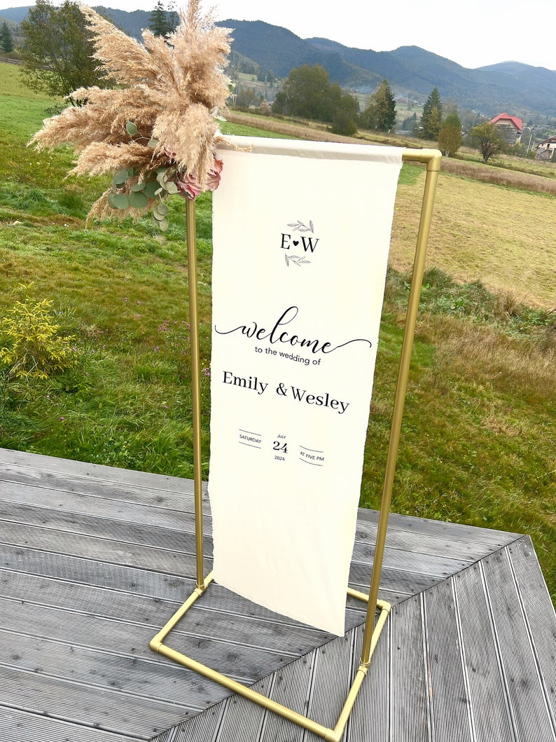 Gold Metal Stand for Welcome Sign, Personalized Linen Banner for ...