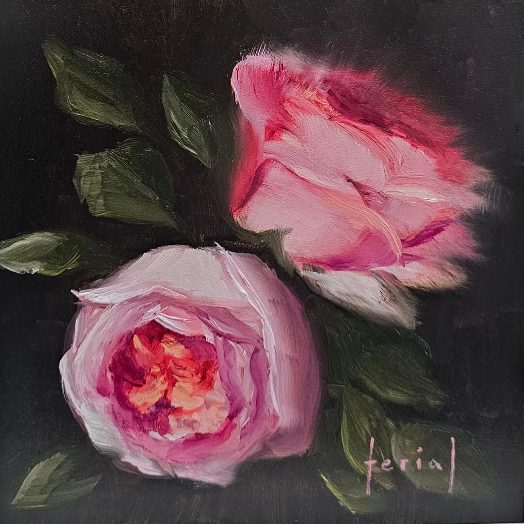 Pink Garden Roses With Dark Background, Classic Painting, 6 X 6 ...