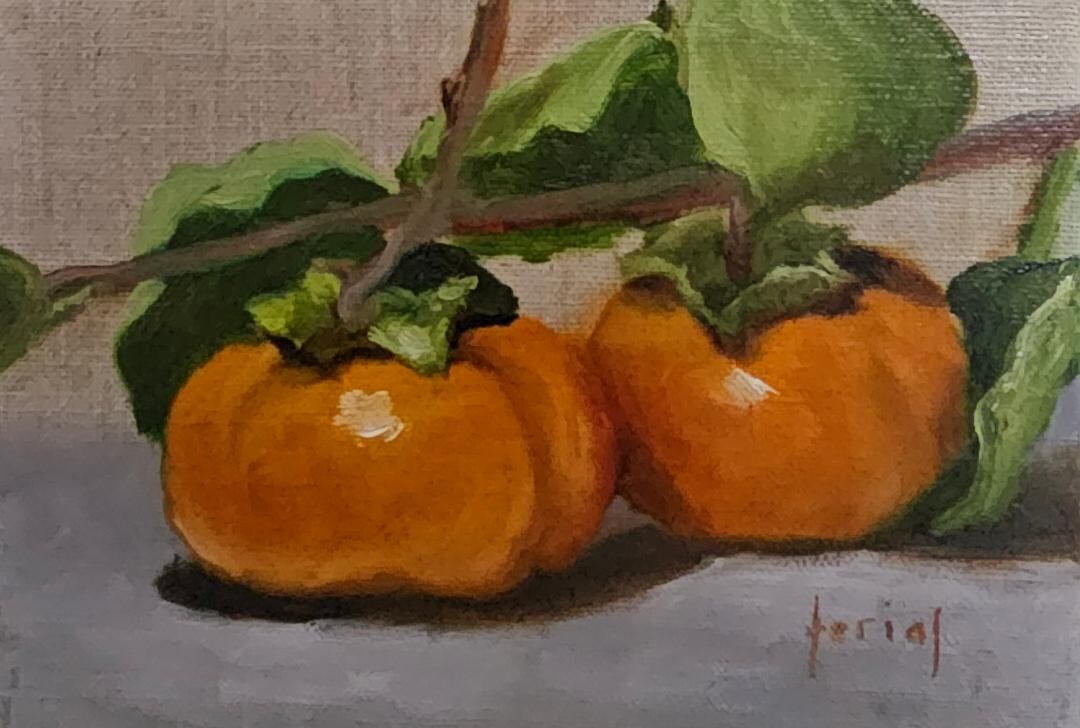 Twin Persimmons, 2 Persimmons on the Branch, 6 X 6" Original Oil ...