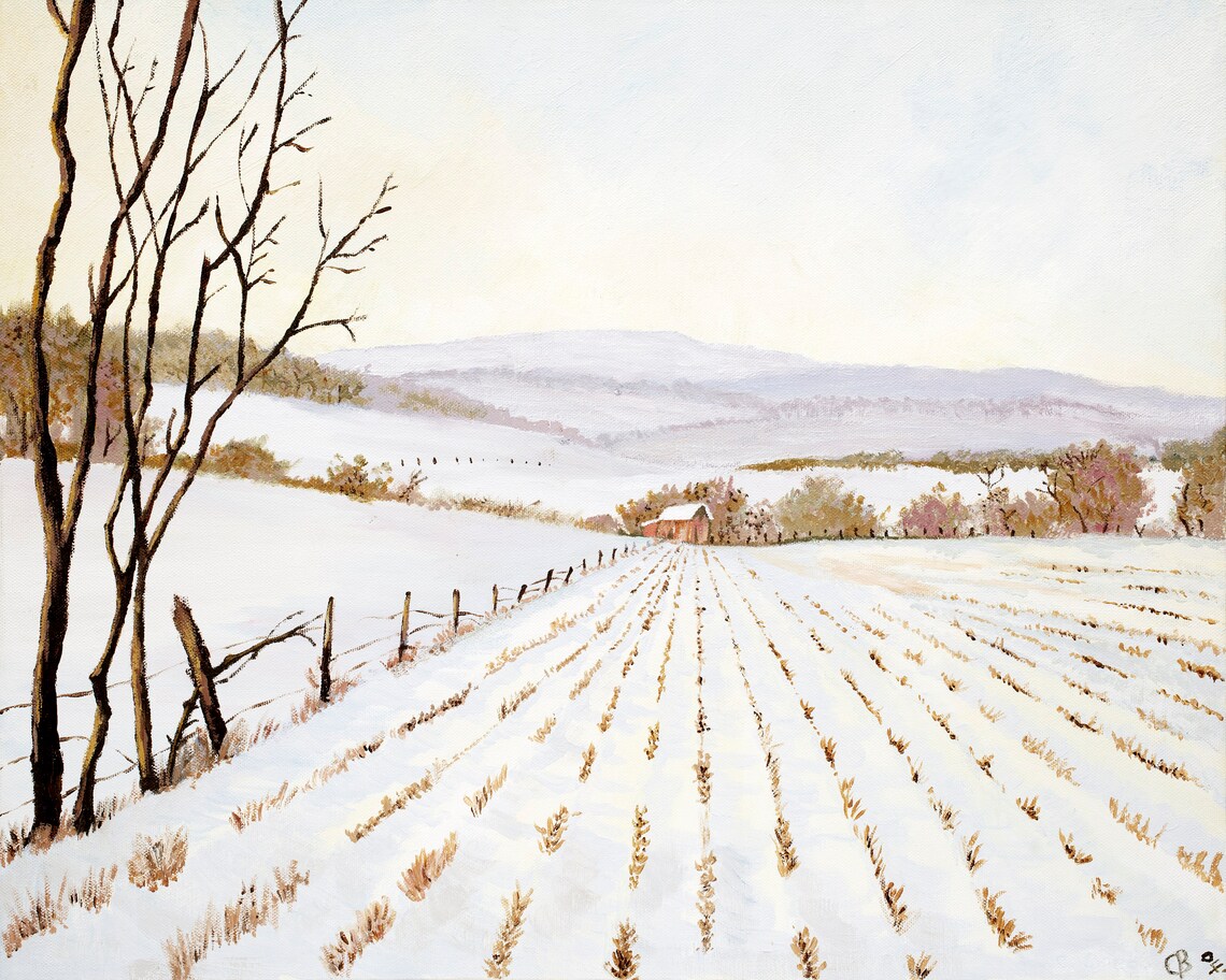 Snow on Field Country Landscape Original Oil Painting Print - Etsy