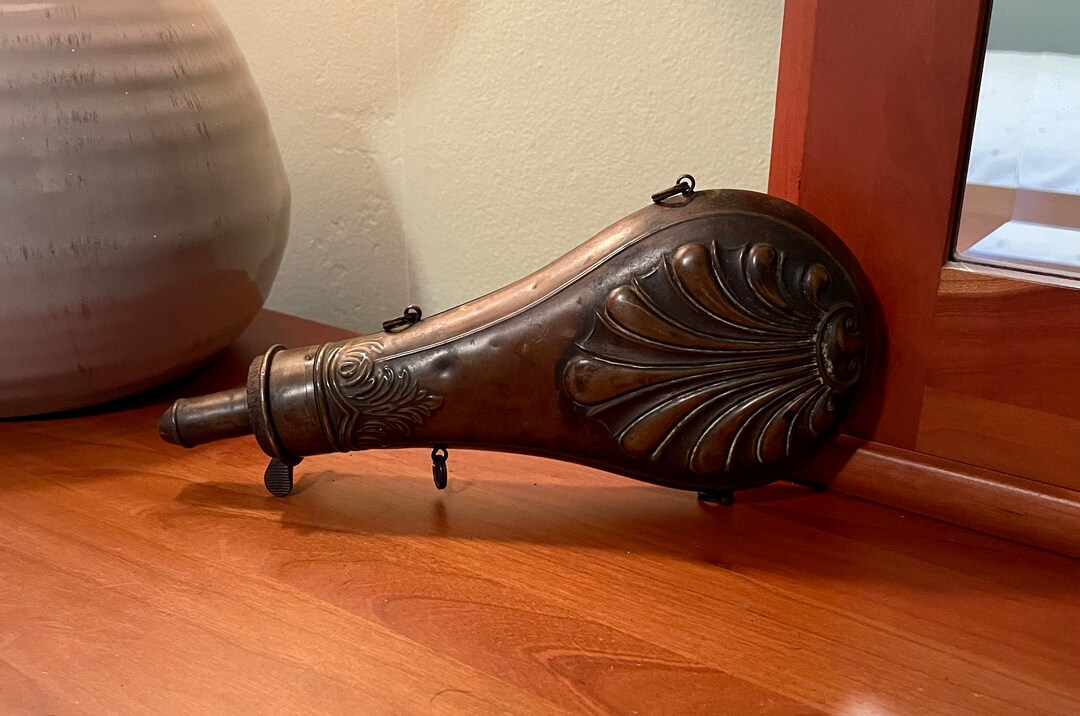 American Flask and Cap Brass Powder Flask, Brass Powder Horn, 19th ...