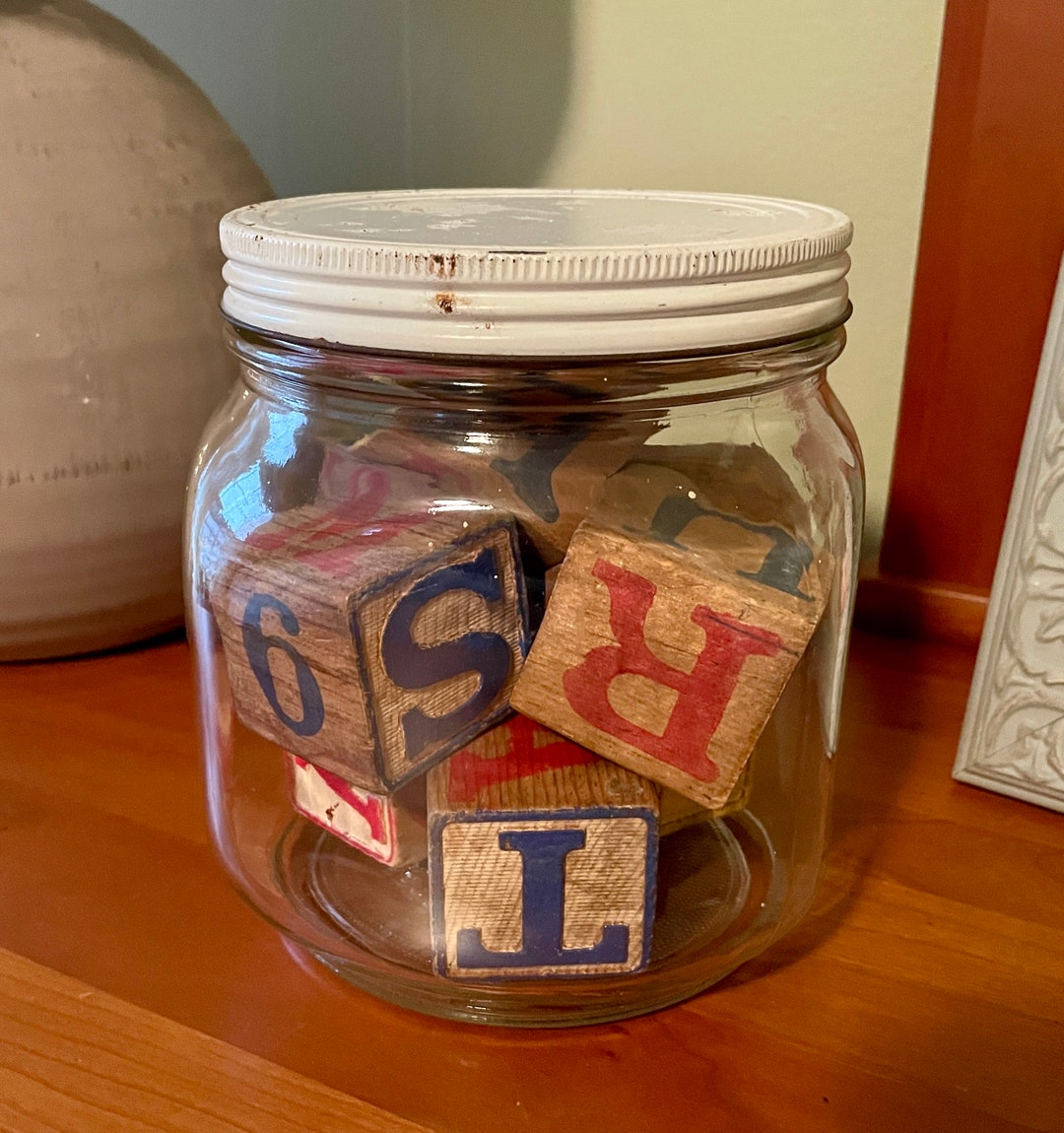Vintage Blocks, Jar of Blocks, Glass Jar With Blocks, Letter Blocks ...