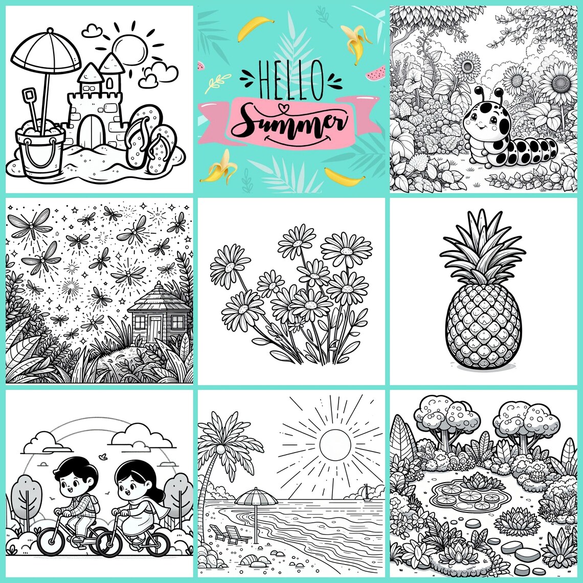 Hello Summer Coloring Pages Kids Adults Coloring Bundle Sunny Days ...