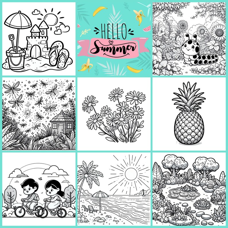 Hello Summer Coloring Pages Kids Adults Coloring Bundle Sunny Days ...