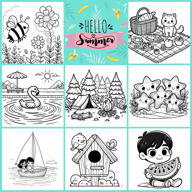 Hello Summer Coloring Pages Kids Adults Coloring Bundle Sunny Days ...