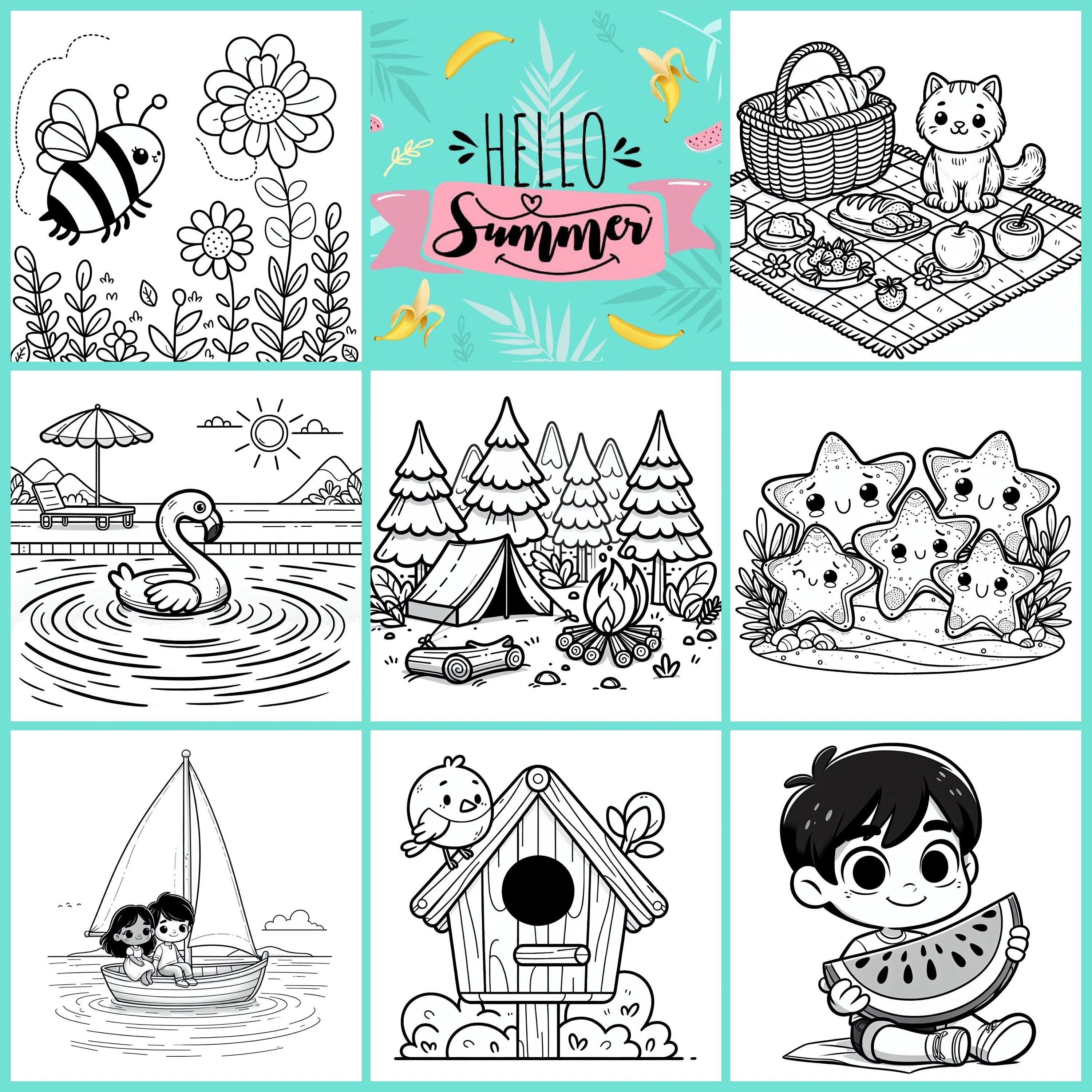 Hello Summer Coloring Pages Kids Adults Coloring Bundle Sunny Days ...