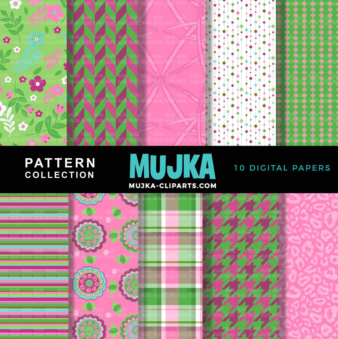 Pink & Green Sorority Digital Papers, Pink Seamless Patterns ...