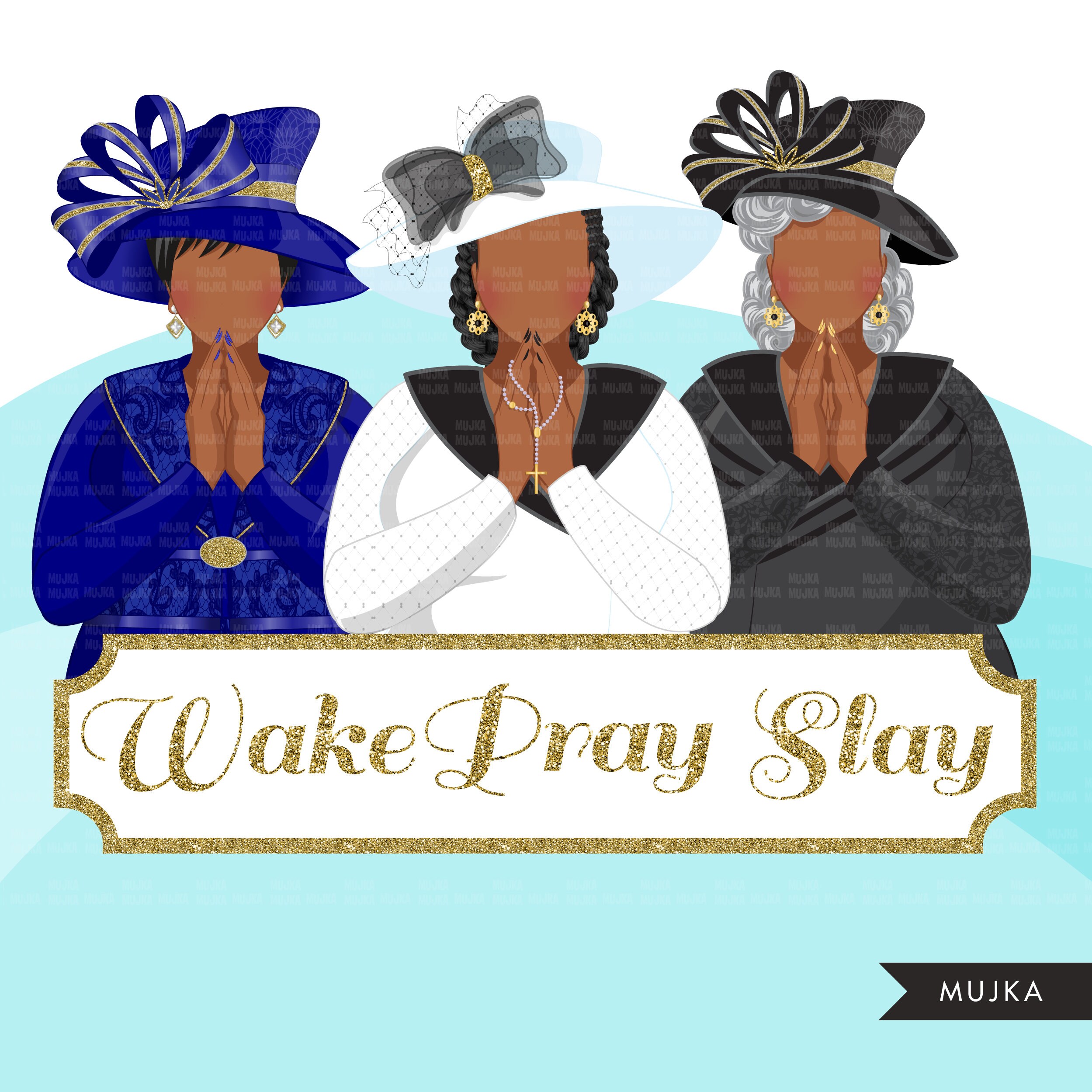 Church Ladies Clipart, 3 Praying Sisters Sublimation Designs, Black ...