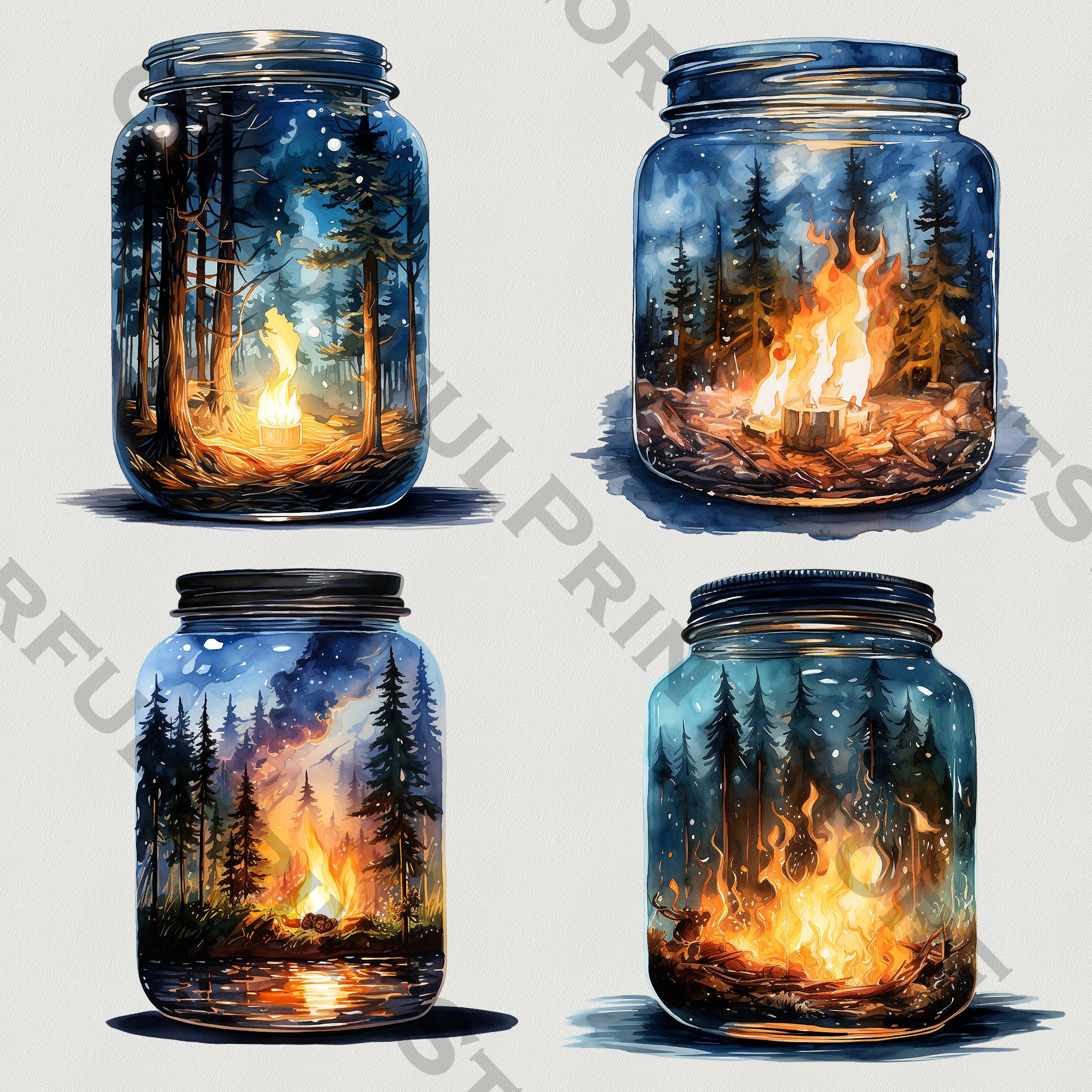 Watercolor Campfire Clip Art Bundle Campfire in a Jar PNG Night ...