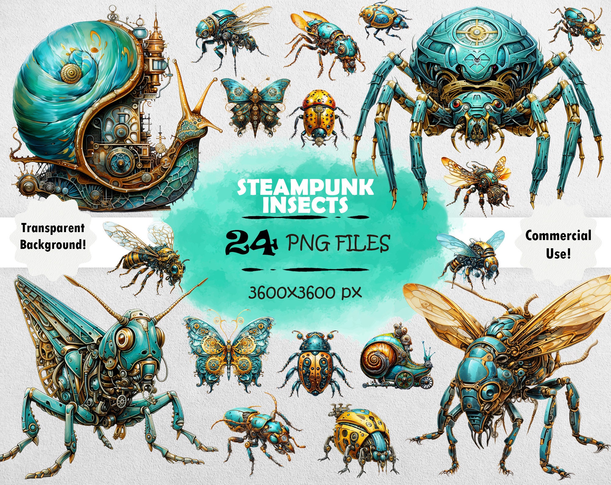 MEGA SET Watercolor Steampunk Insects Clipart Bundle Steampunk Insect ...