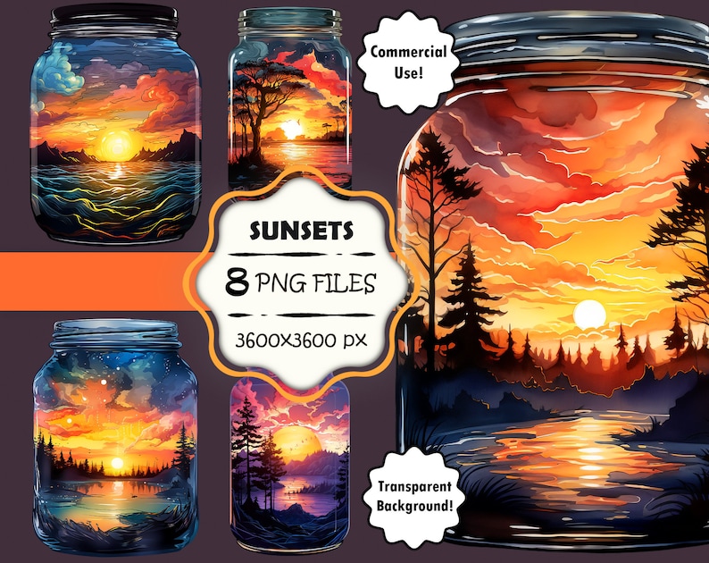 Watercolor Sunset Clip Art Bundle Sunset in a Jar PNG Romantic Sunset ...