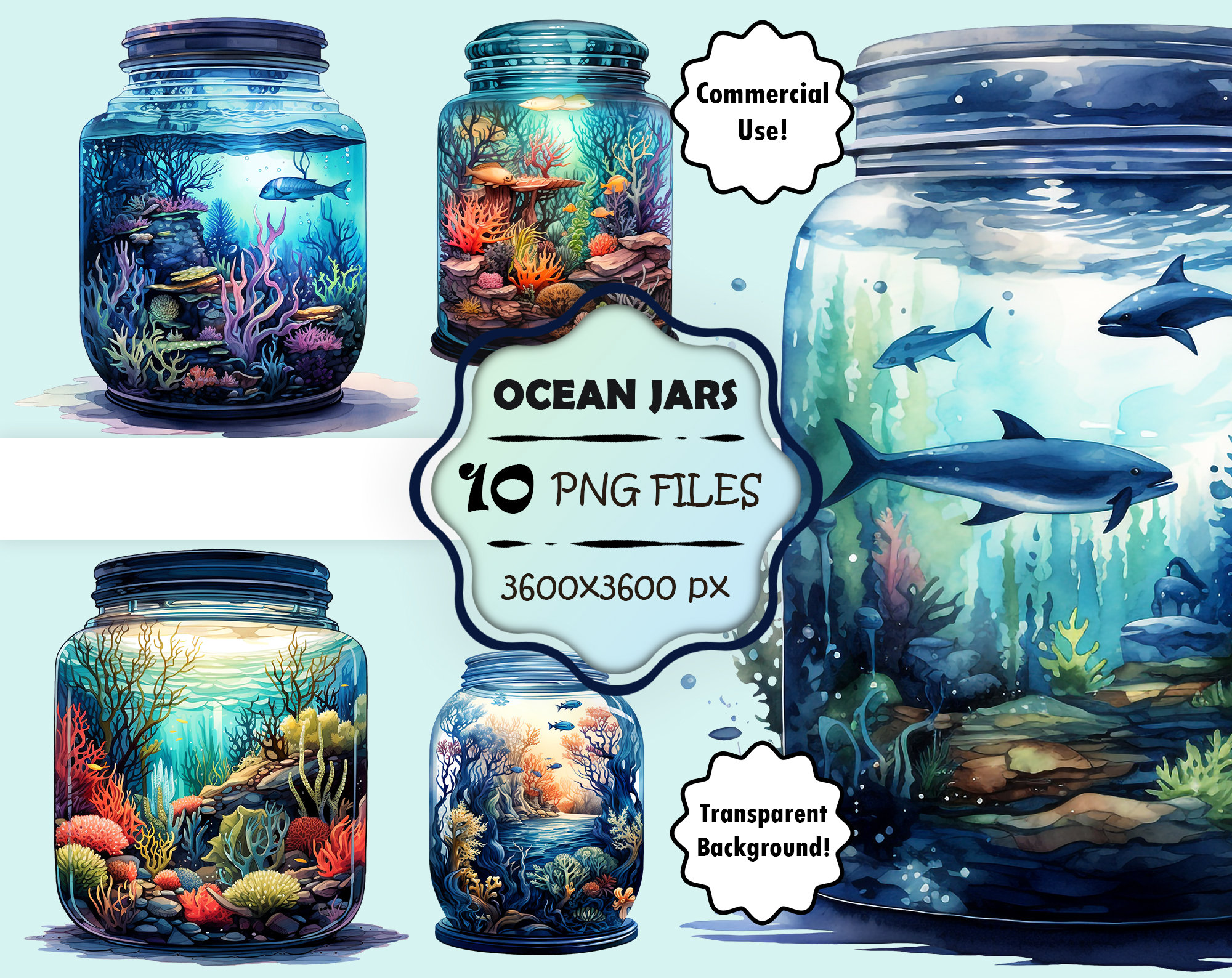 Watercolor Ocean Jar Clip Art Underwater Jar PNG Sea Jar PNG Ocean ...