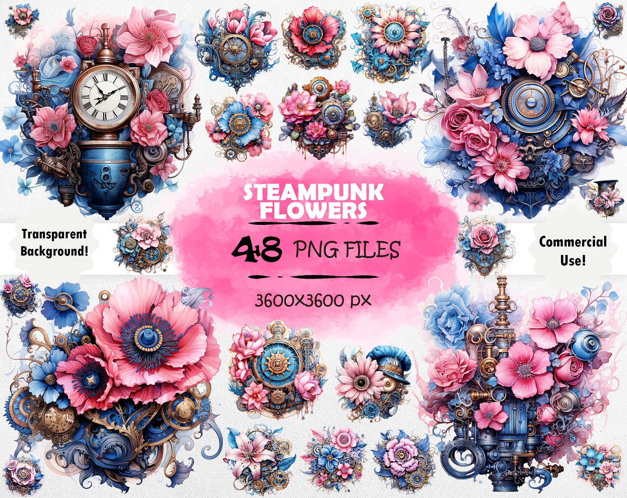 MEGA SET Watercolor Steampunk Flowers Clipart Bundle Mechanical Flowers ...