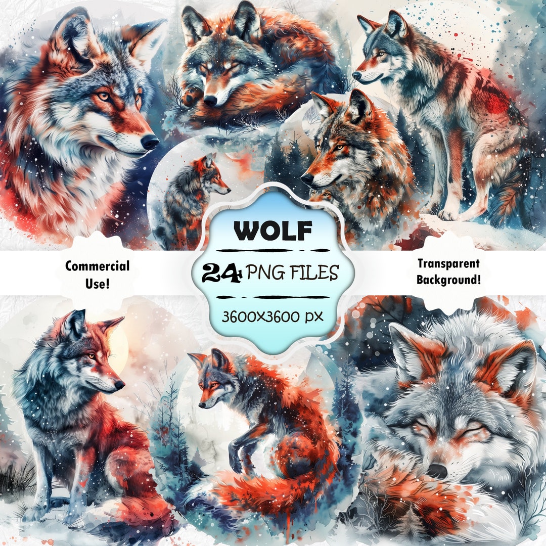 Watercolor Wolf Painting, Winter Wolf PNG Set, Snowy Wolves Prints ...