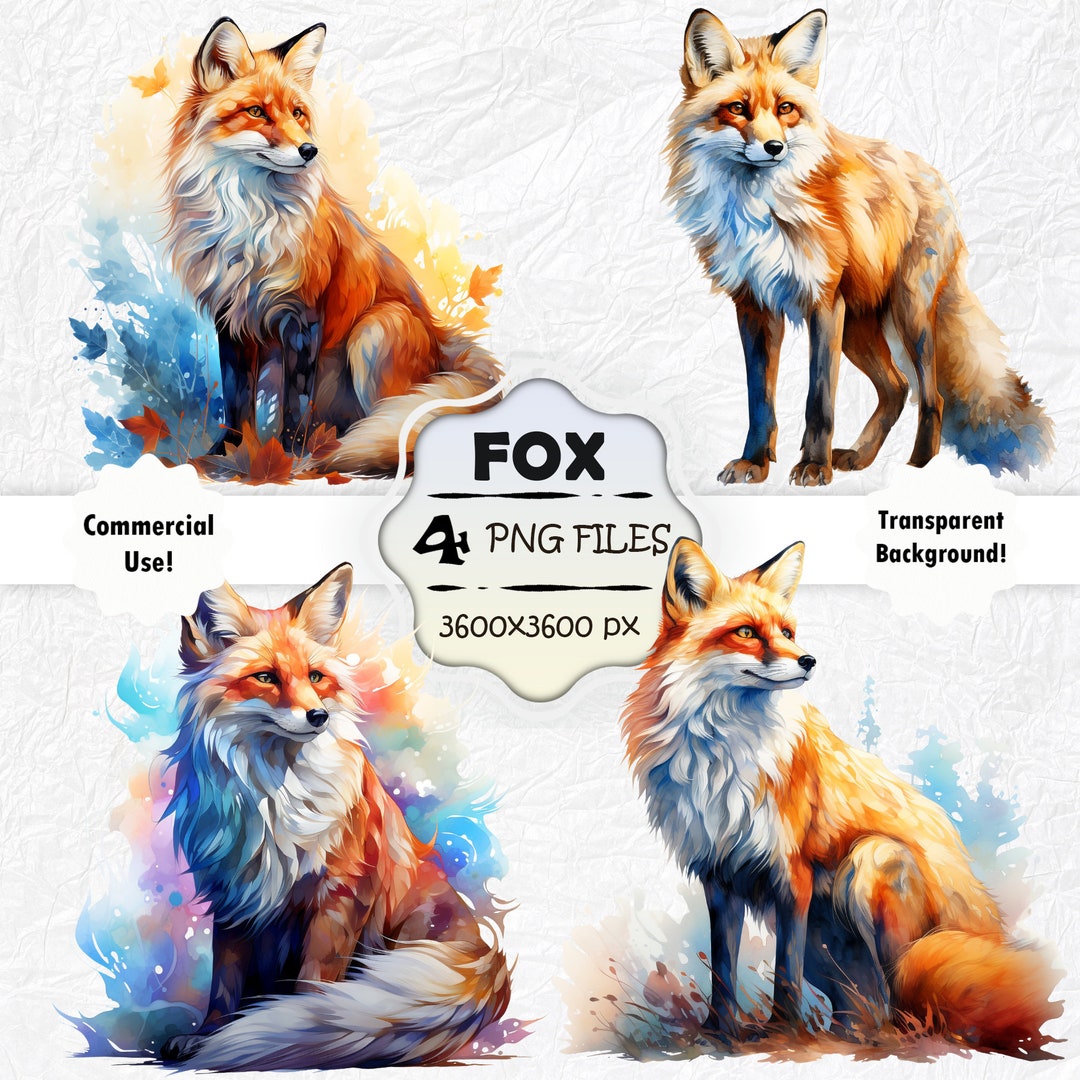 Watercolor Fox PNG Bundle, Red Fox Clipart Set, Colorful Fox Wall Art ...