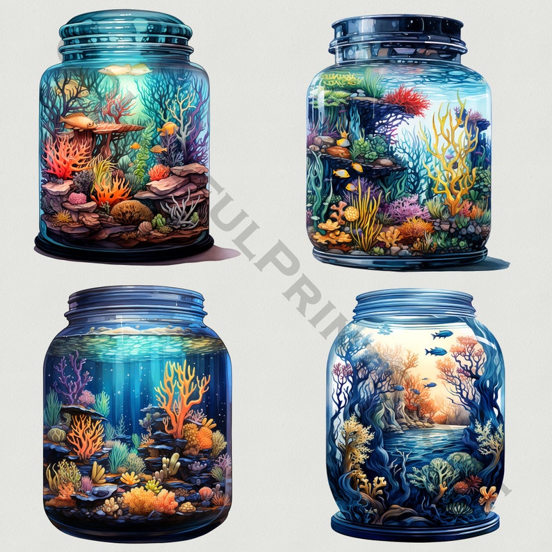 Watercolor Ocean Jar Clip Art Underwater Jar PNG Sea Jar PNG Ocean ...