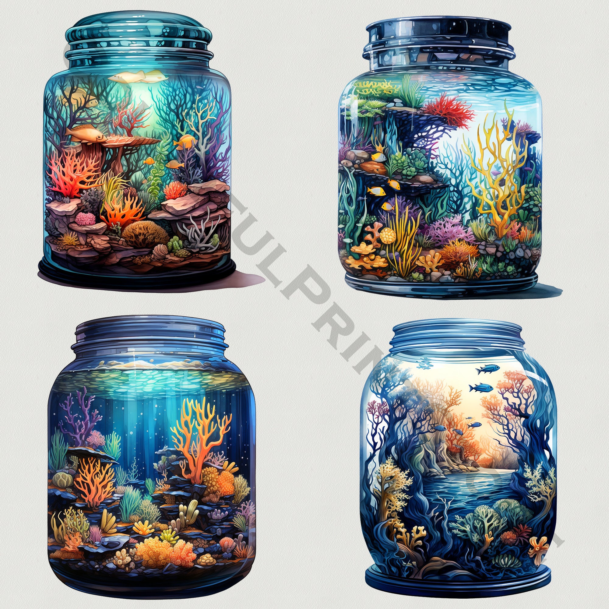 Watercolor Ocean Jar Clip Art Underwater Jar PNG Sea Jar PNG Ocean ...
