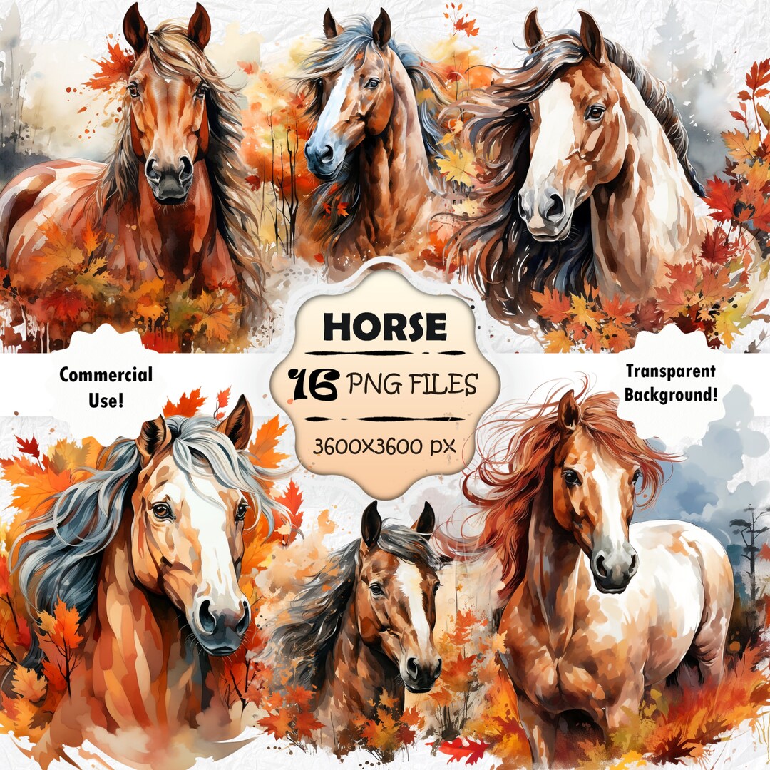 Watercolor Horse Painting, Fall Horse Prints, Autumn Horse PNG Bundle ...