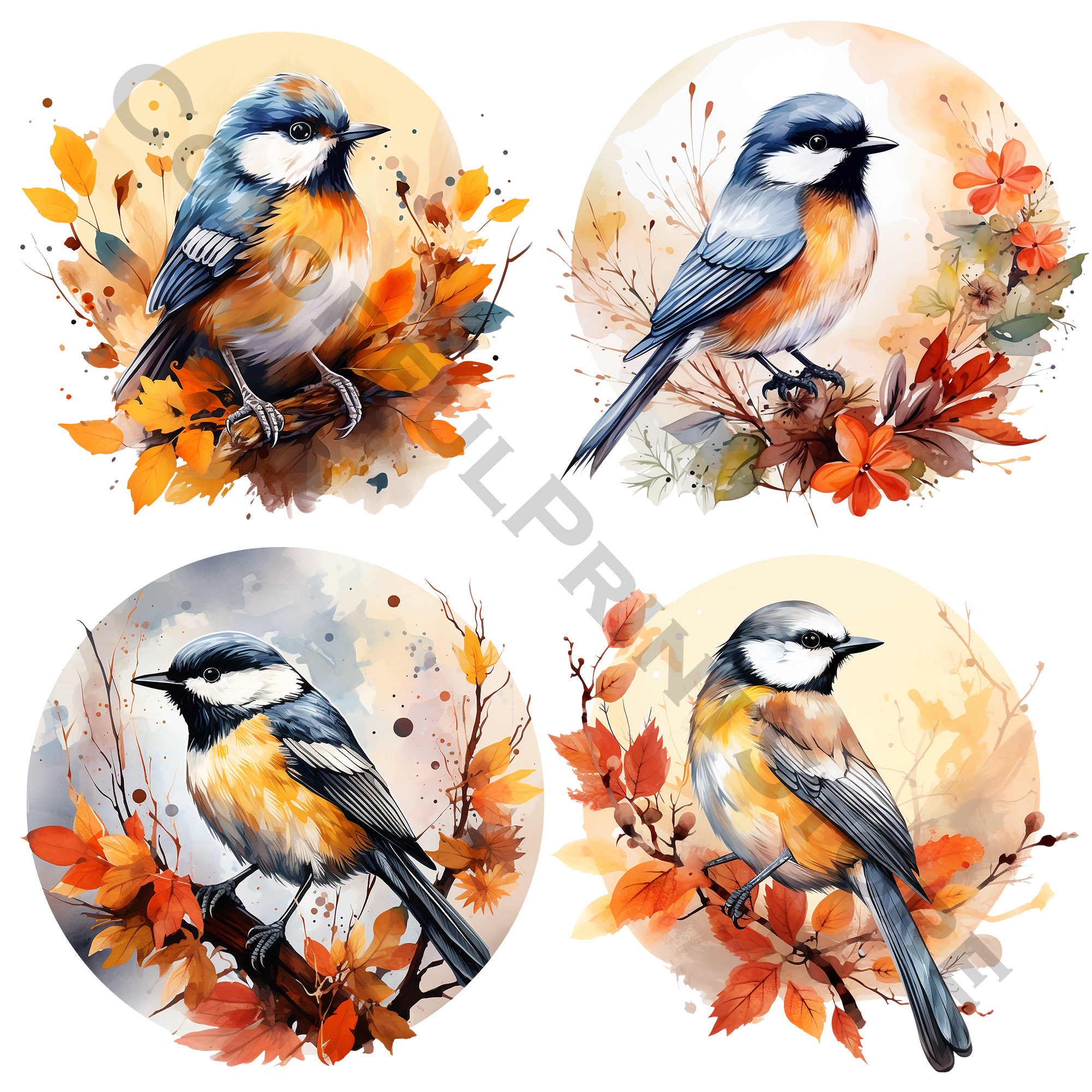 Watercolor Chickadee PNG, Autumn Chickadee Clipart Bundle, Fall ...