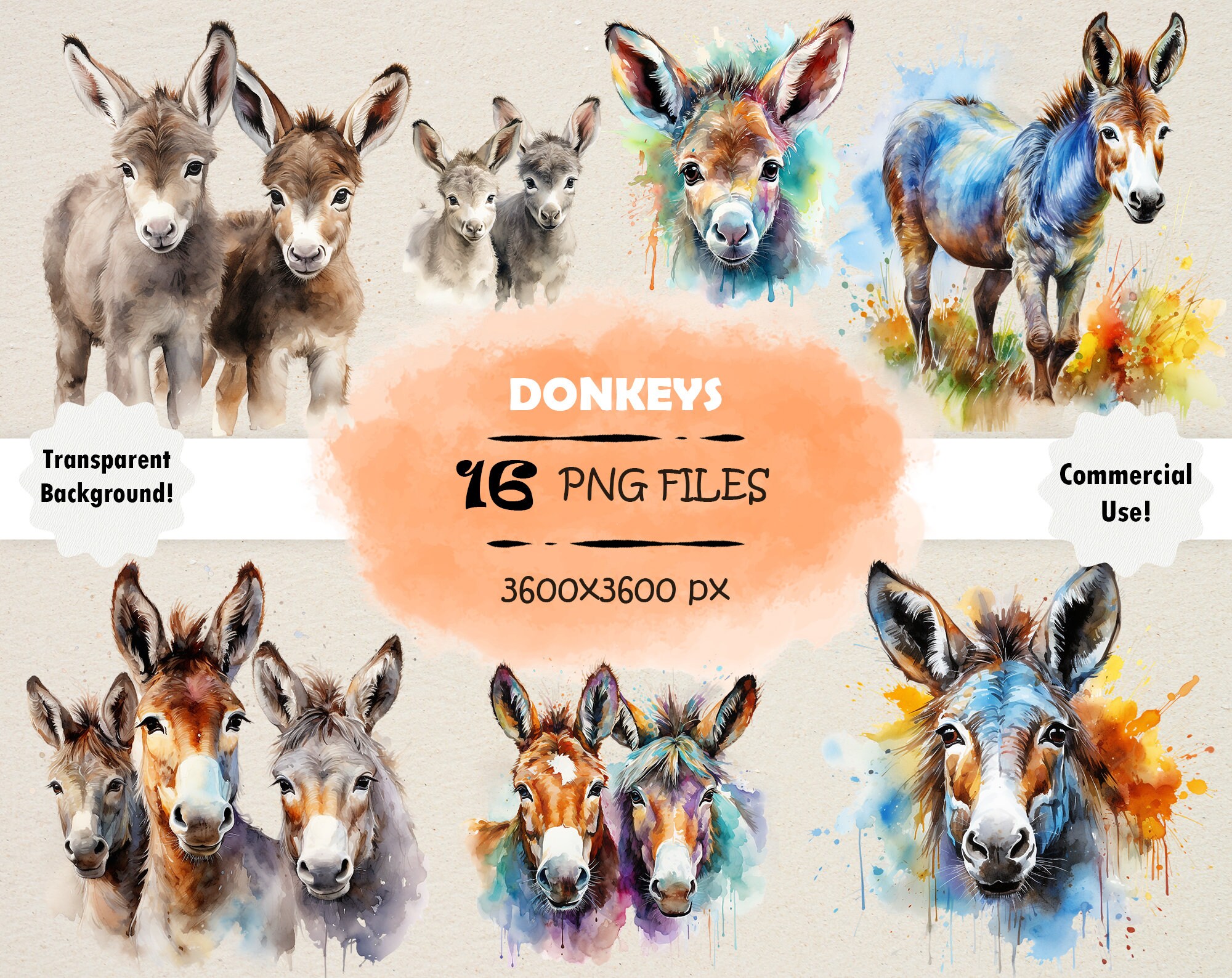 Watercolor Donkey Clipart Bundle Baby Donkey PNG Set Watercolor Donkey ...