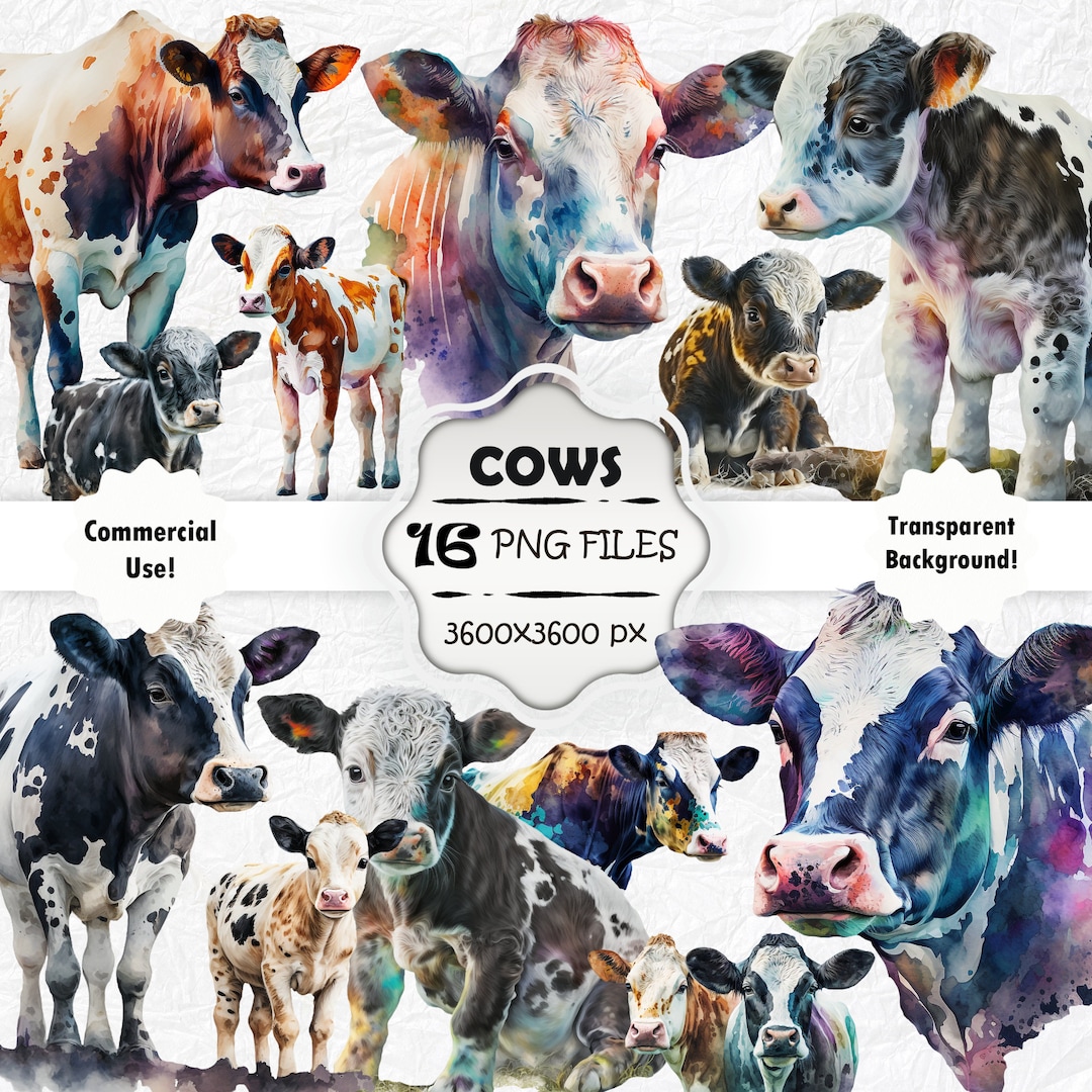 Watercolor Cow Clipart Bundle, Colorful Cow Printable Art, Baby Cow ...