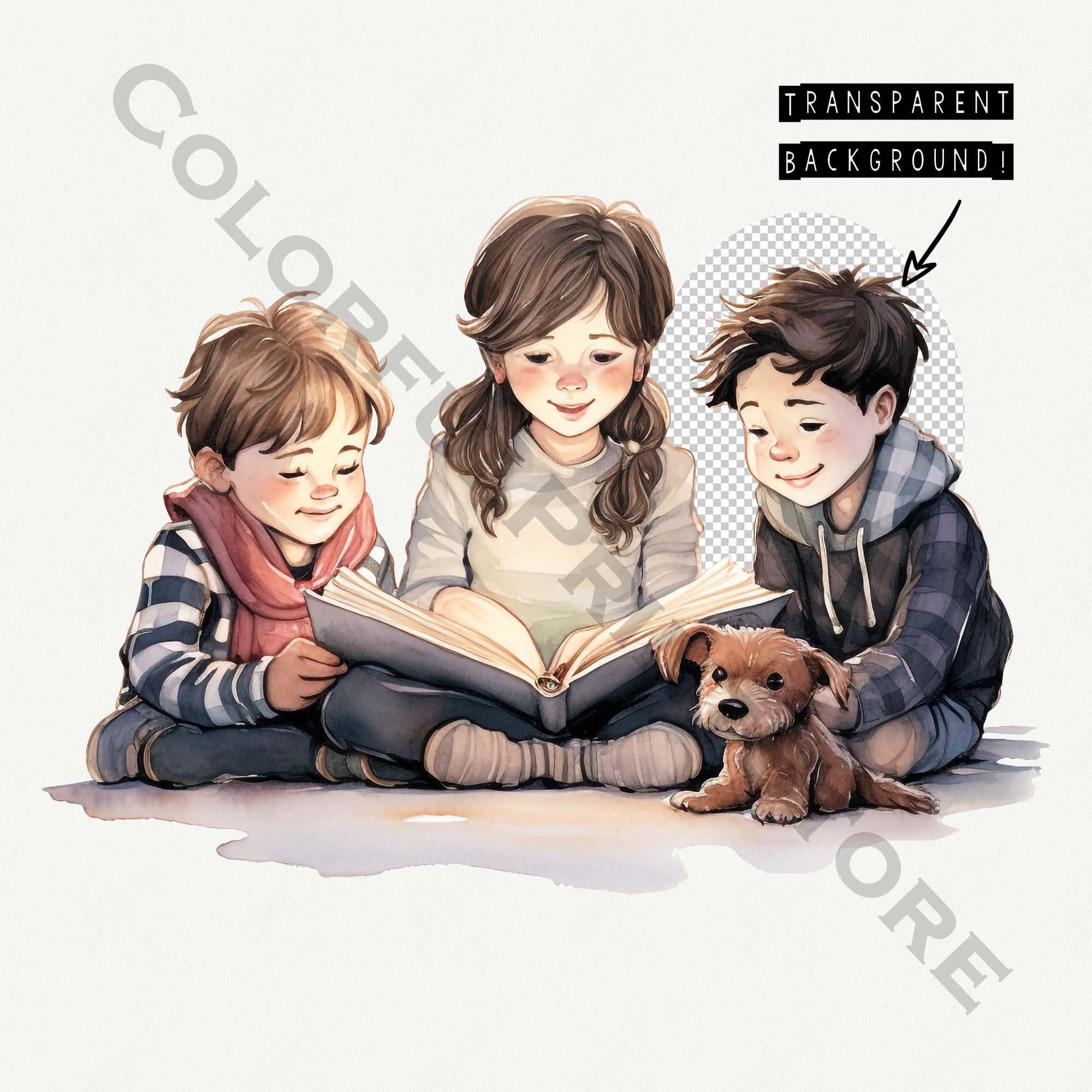 Watercolor Children Reading Book Illustration Cartoon Kids PNG School ...