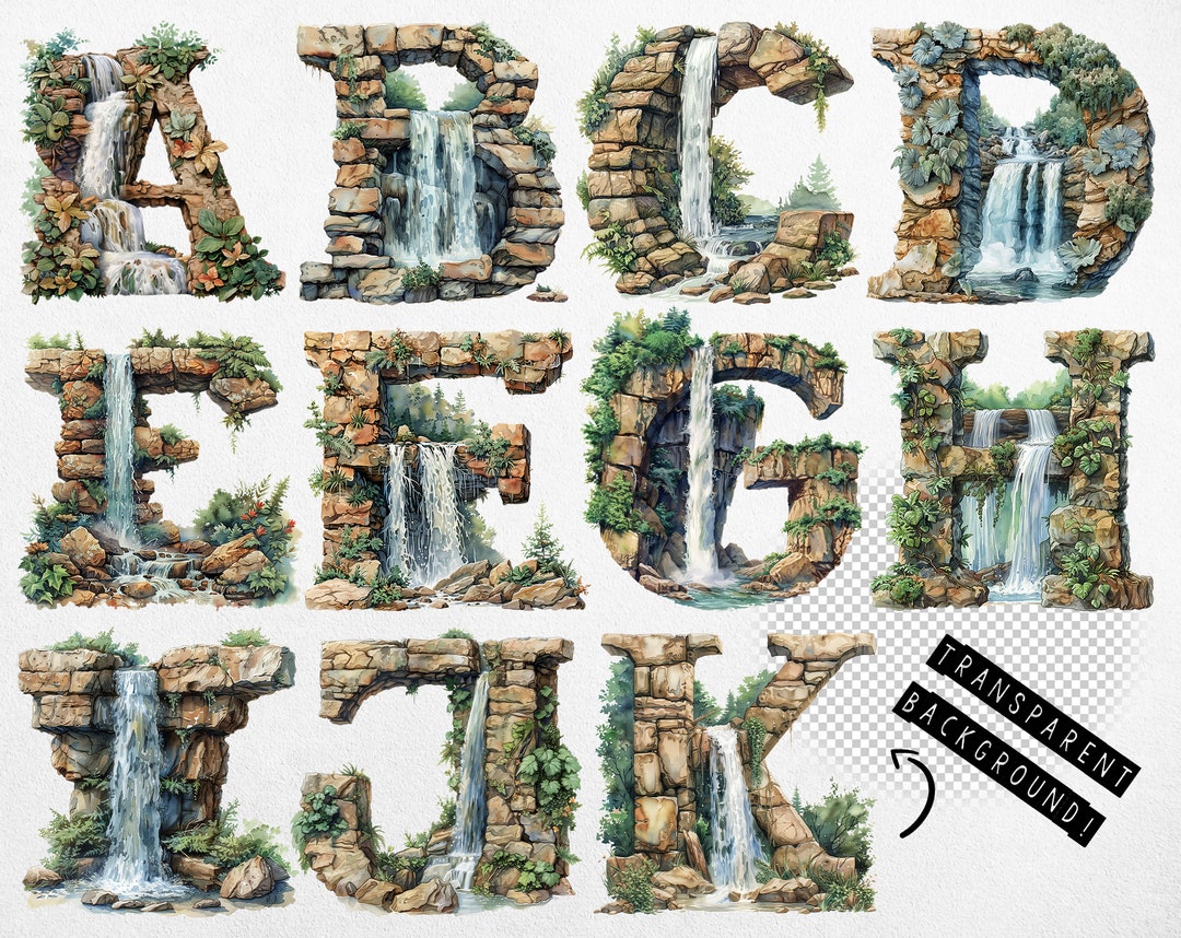 Watercolor Waterfall Alphabet Clipart PNG Waterfall Letters PNG Set ...