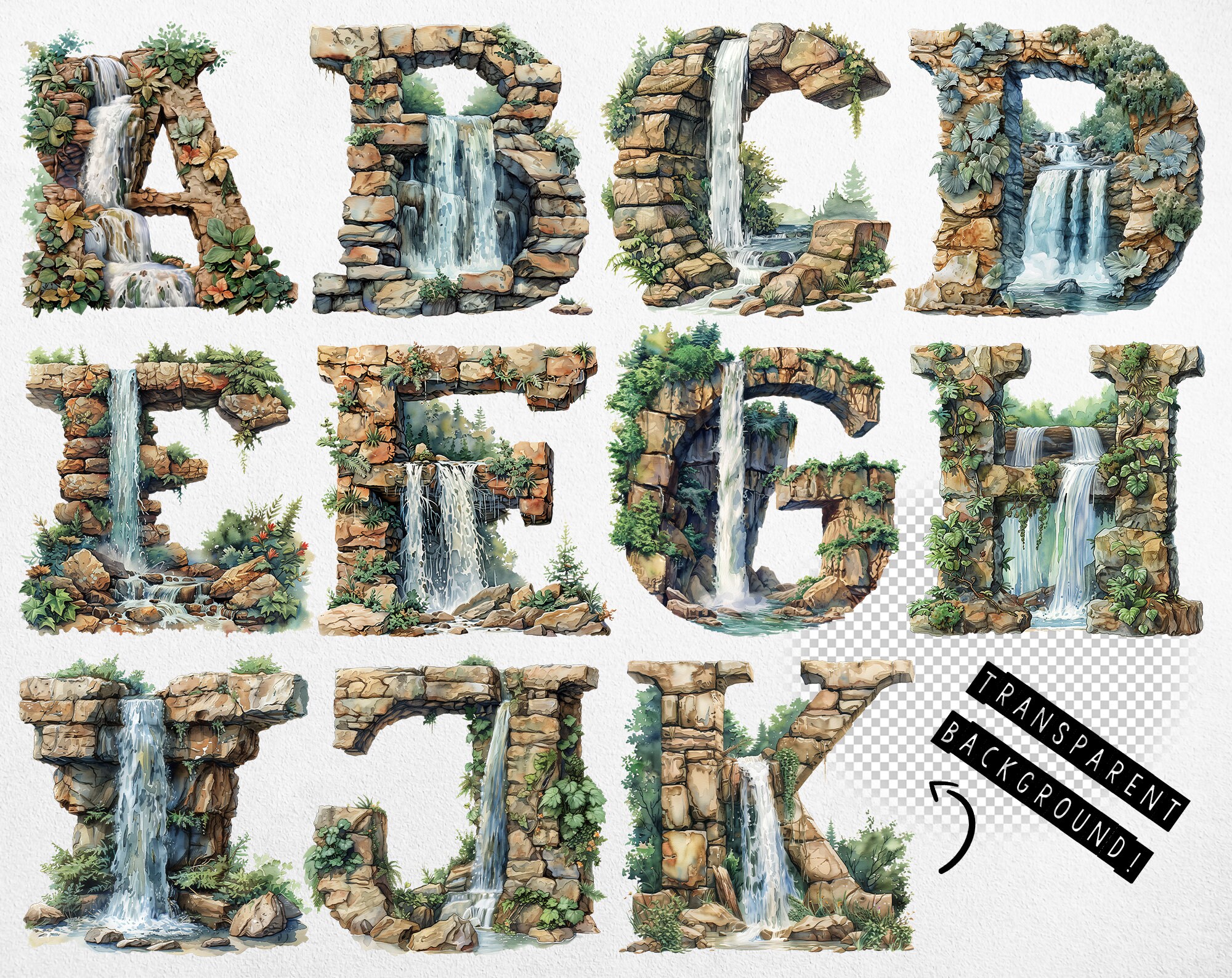 Watercolor Waterfall Alphabet Clipart PNG Waterfall Letters PNG Set ...