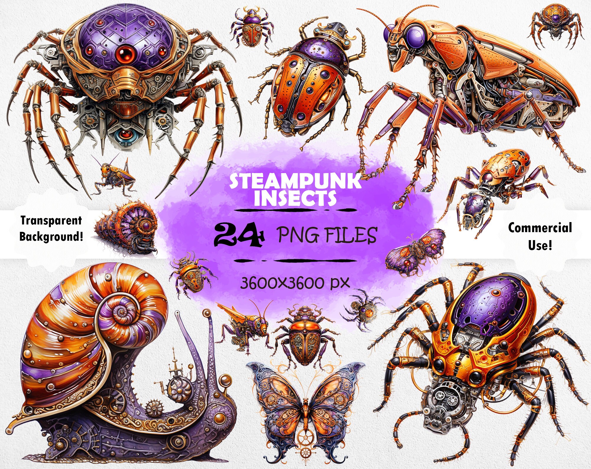 MEGA SET Watercolor Steampunk Insects Clipart Bundle Steampunk Insect ...