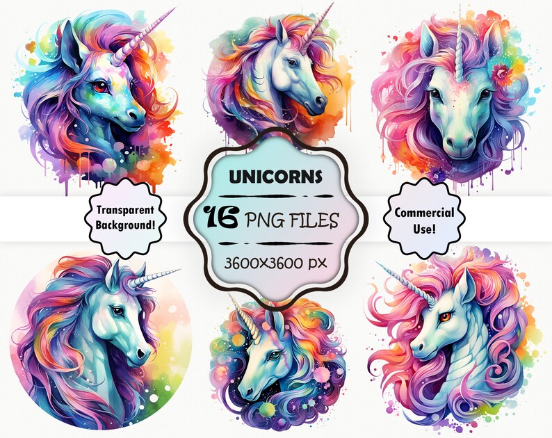 Watercolor Unicorn PNG Rainbow Unicorn Clipart Set Colorful - Etsy