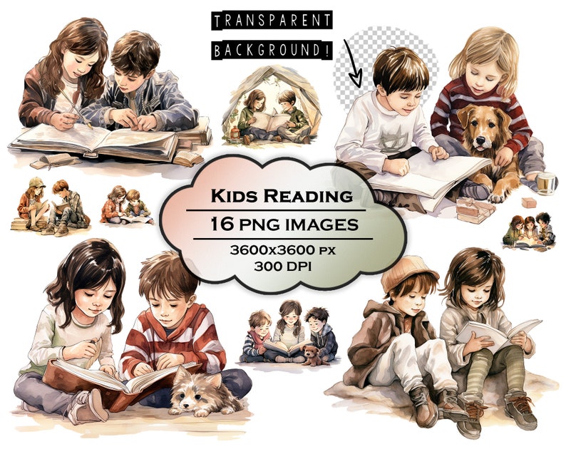 Watercolor Children Reading Book Illustration Cartoon Kids PNG School ...