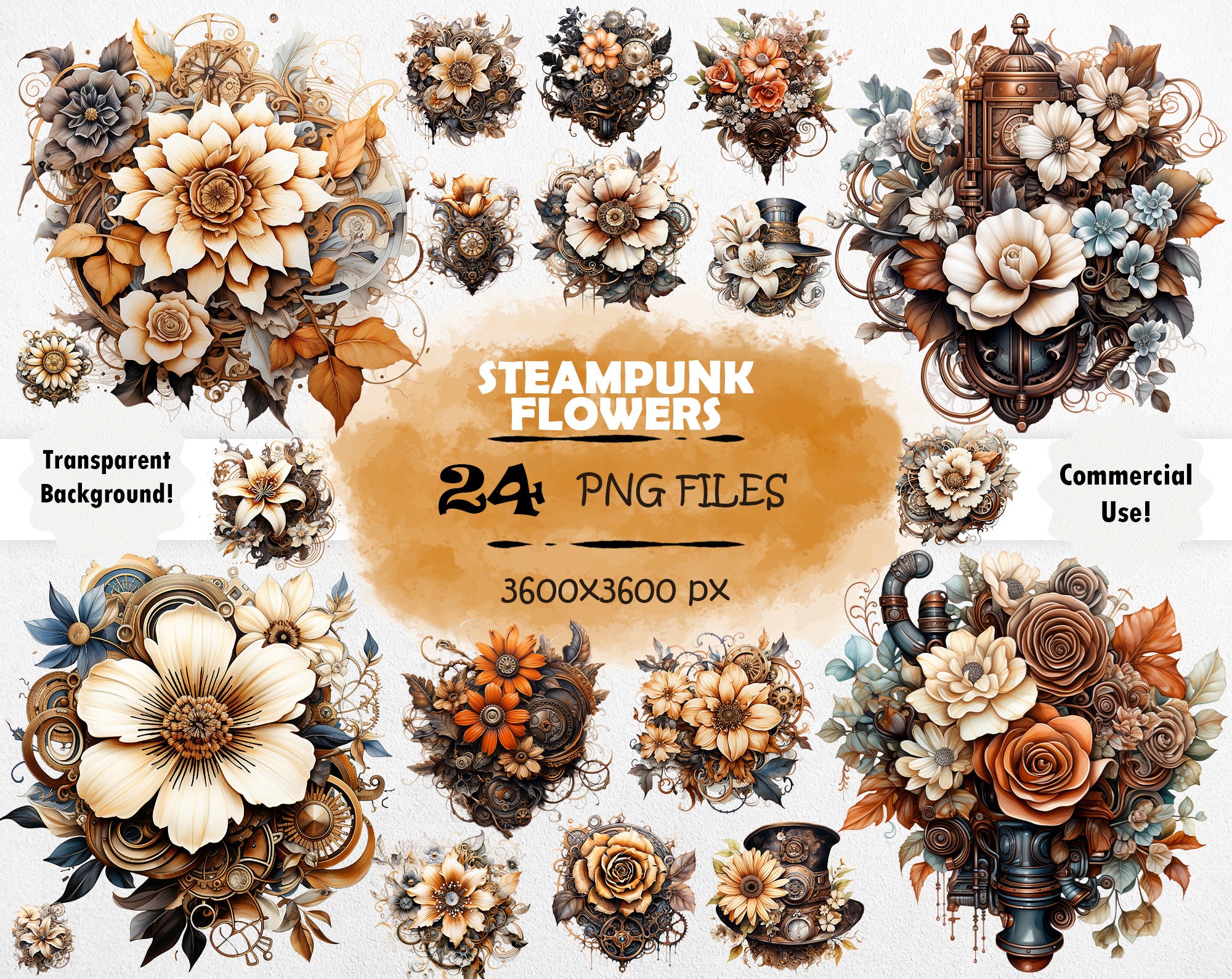MEGA SET Watercolor Steampunk Flowers Clipart Bundle Mechanical Flowers ...