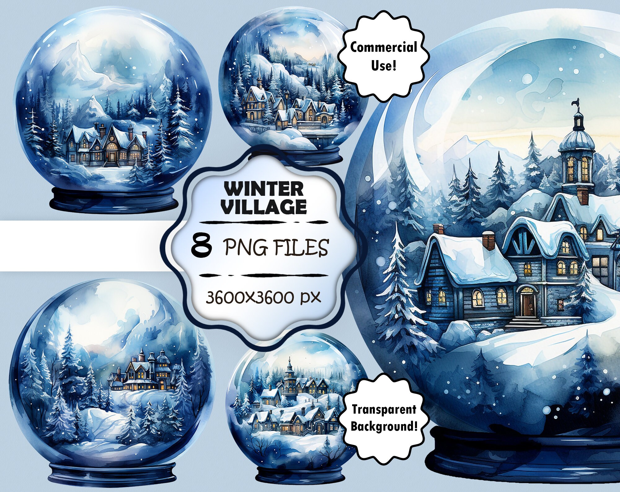 Watercolor Winter Village Snow Globe Clip Art Bundle Winter Snow Globe ...