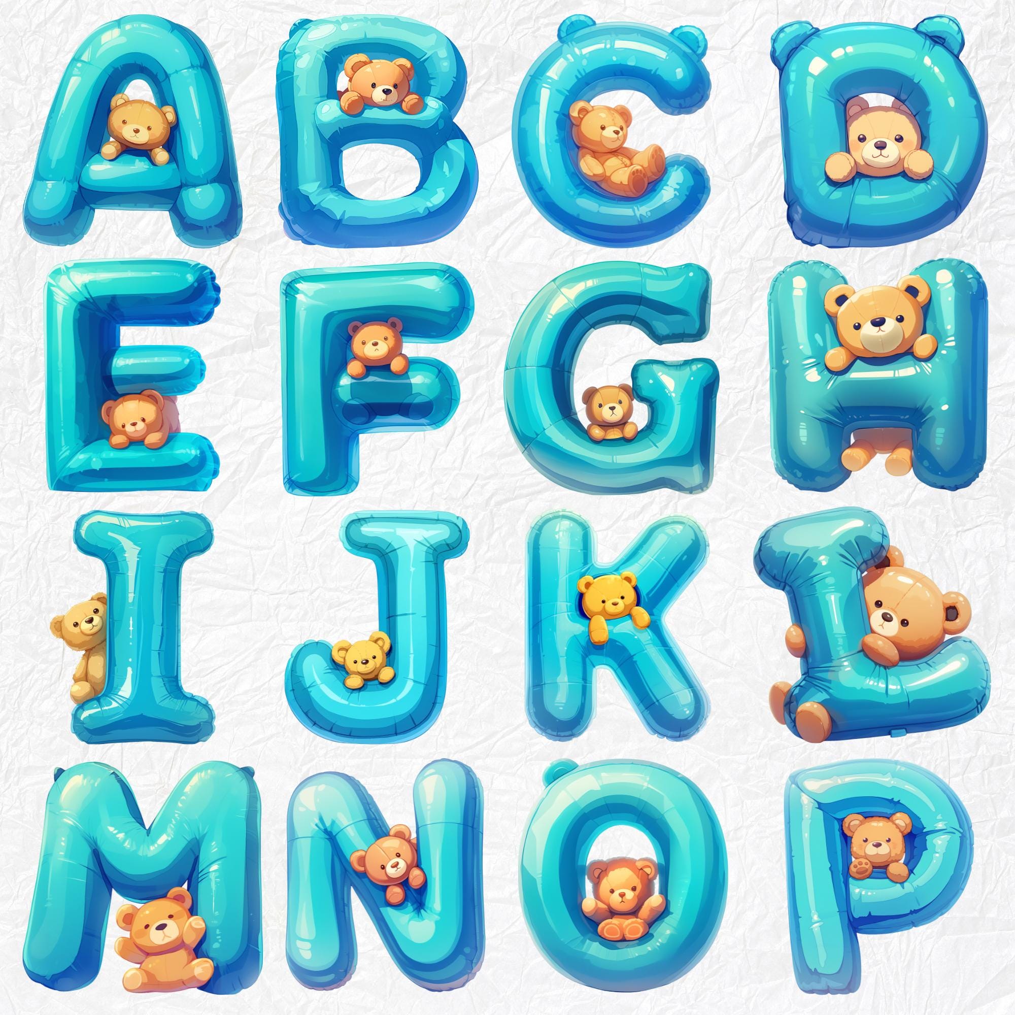 Blue Balloon Alphabet Clipart Blue Nursery Letters PNG Cute Teddy Font ...