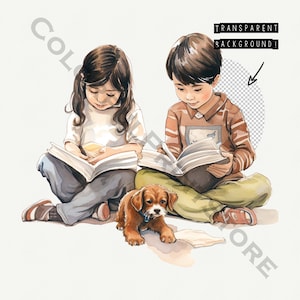 Watercolor Children Reading Book Illustration Cartoon Kids PNG School ...