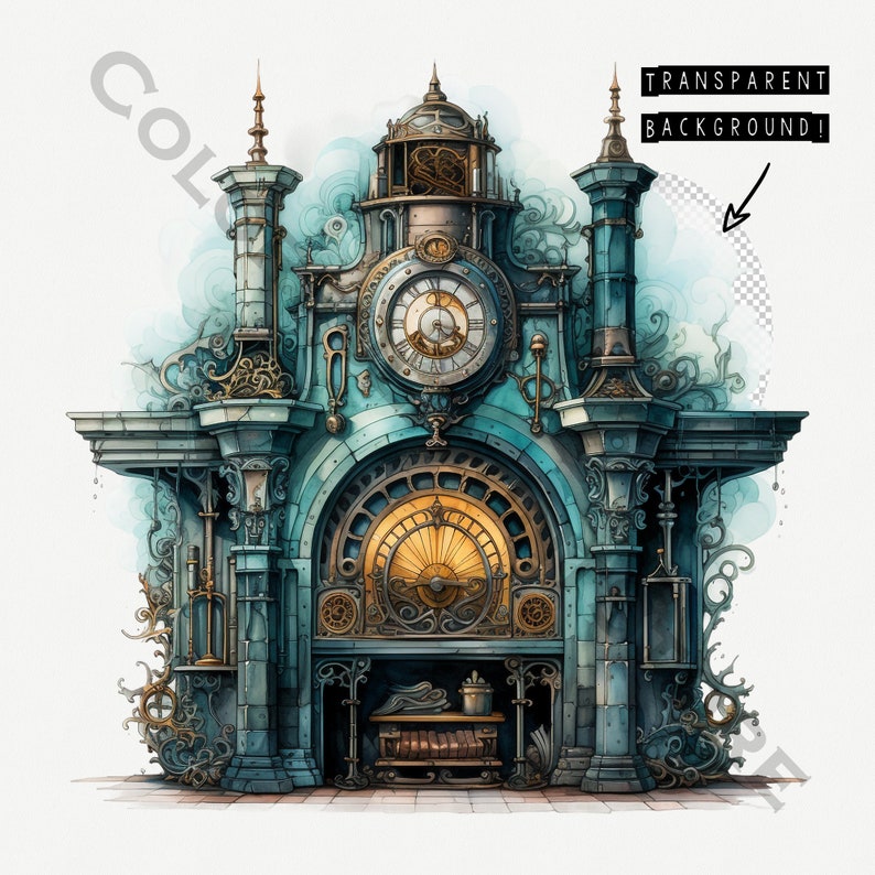 Watercolor Steampunk Architecture Clipart Bundle Steampunk Windows PNG Steampunk Window Clipart ...
