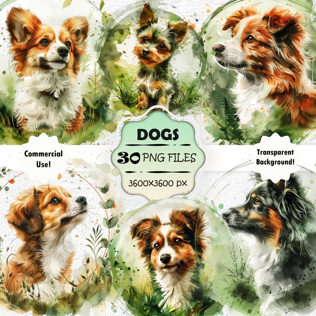 Watercolor Dog Clipart Bundle, Cute Dog PNG Set, Spring Dog Painting ...