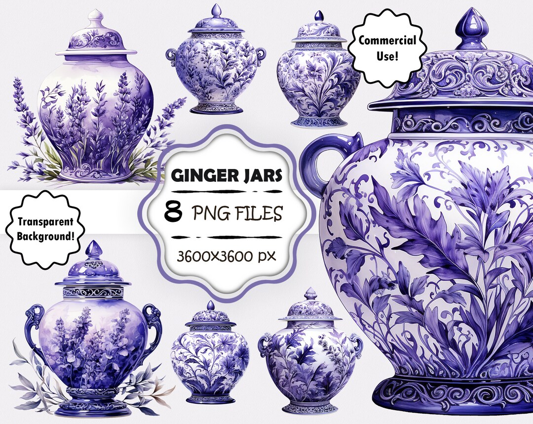Watercolor Ginger Jar PNG Bundle Lavender Ginger Jar Clip Art Ginger ...