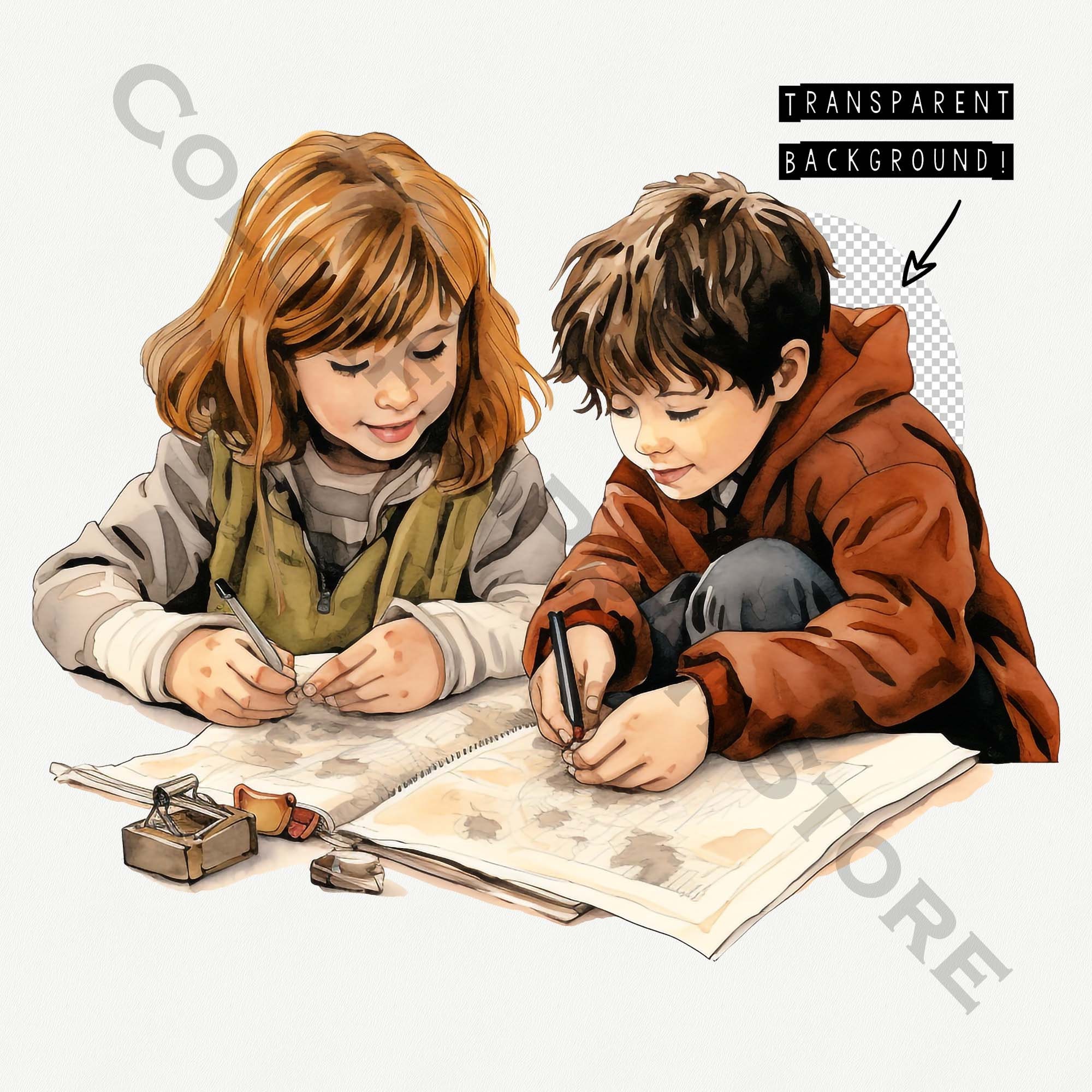 Watercolor Children Reading Book Illustration Cartoon Kids PNG School ...