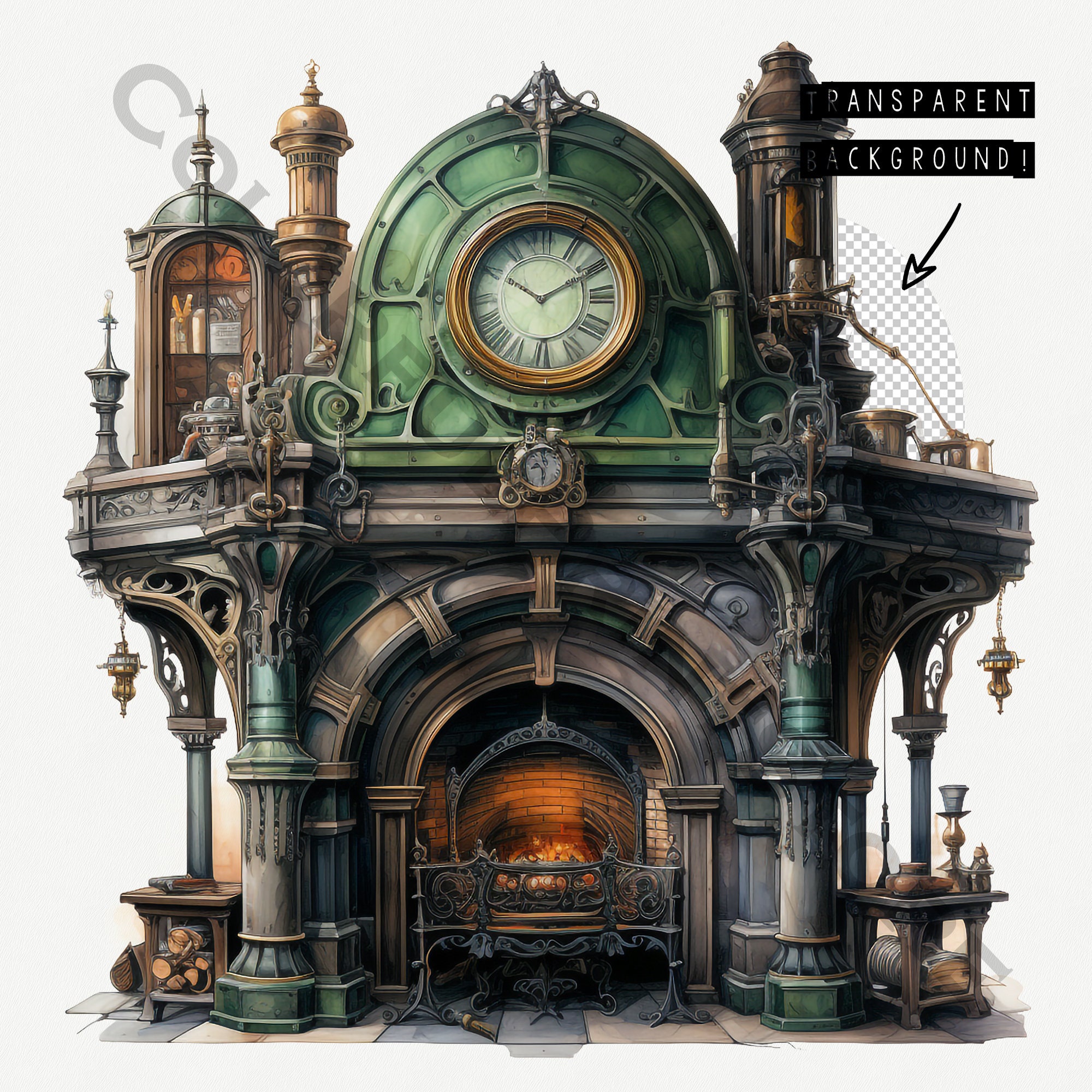 Watercolor Steampunk Windows Clipart Bundle Steampunk Architecture PNG Steampunk Door Clipart ...