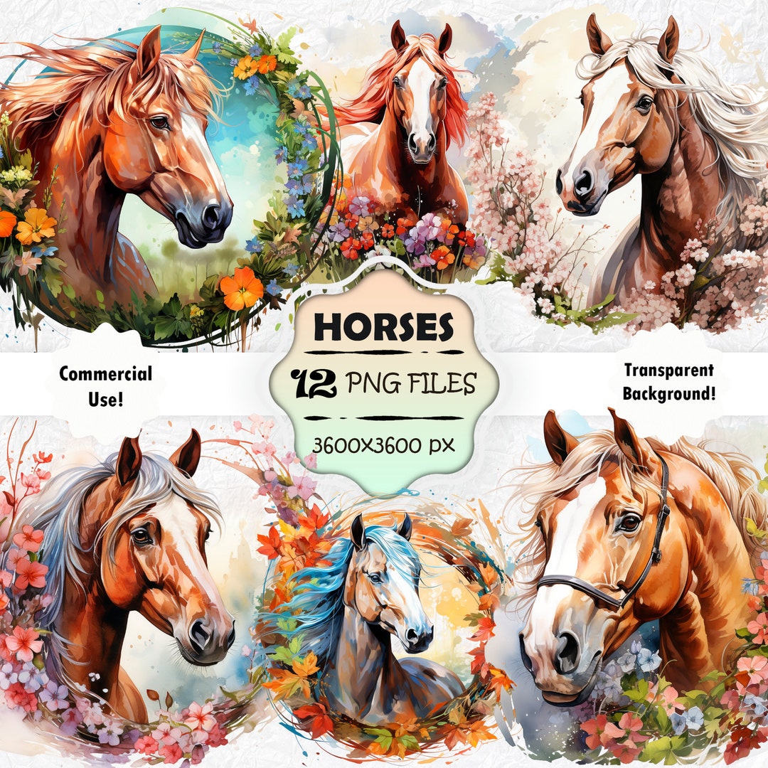 Watercolor Horse Clipart Bundle, Spring Horse PNG, Floral Horse Print ...
