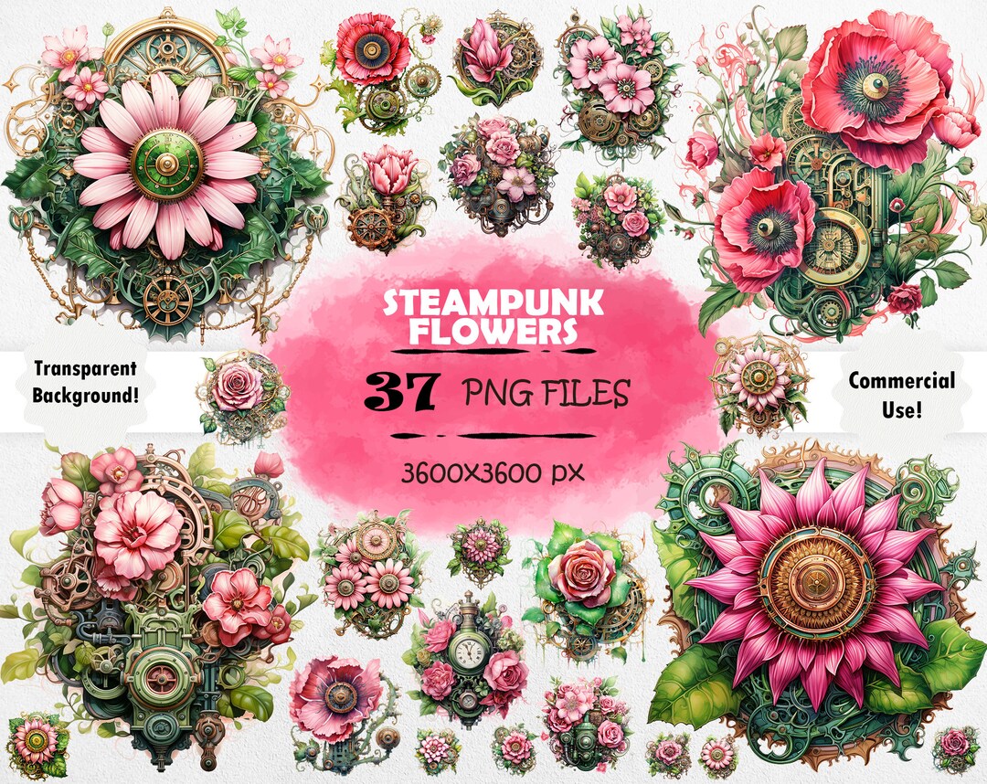 Watercolor Steampunk Flowers Clipart Bundle Mechanical Flowers PNG ...