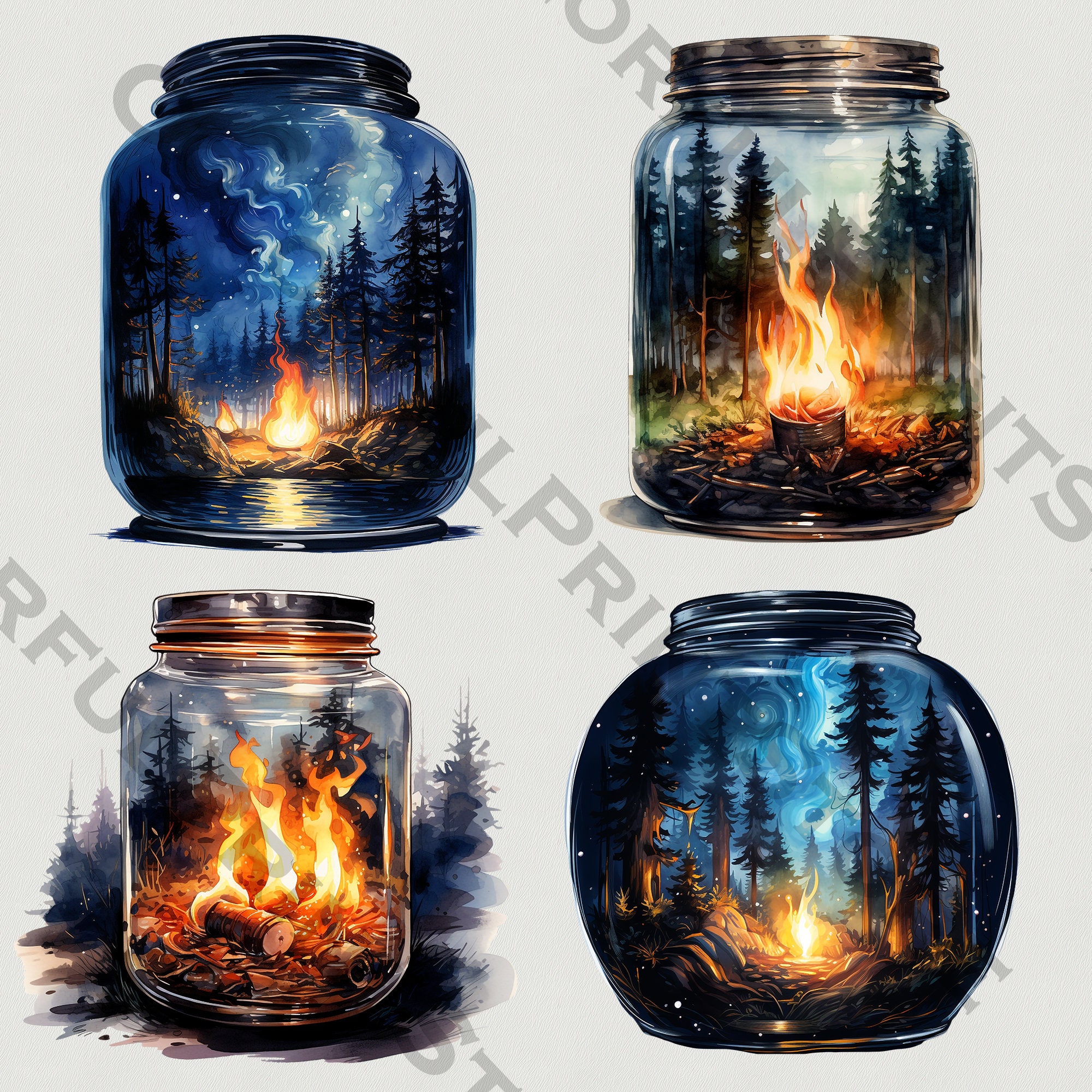 Watercolor Campfire Clip Art Bundle Campfire in a Jar PNG Night ...