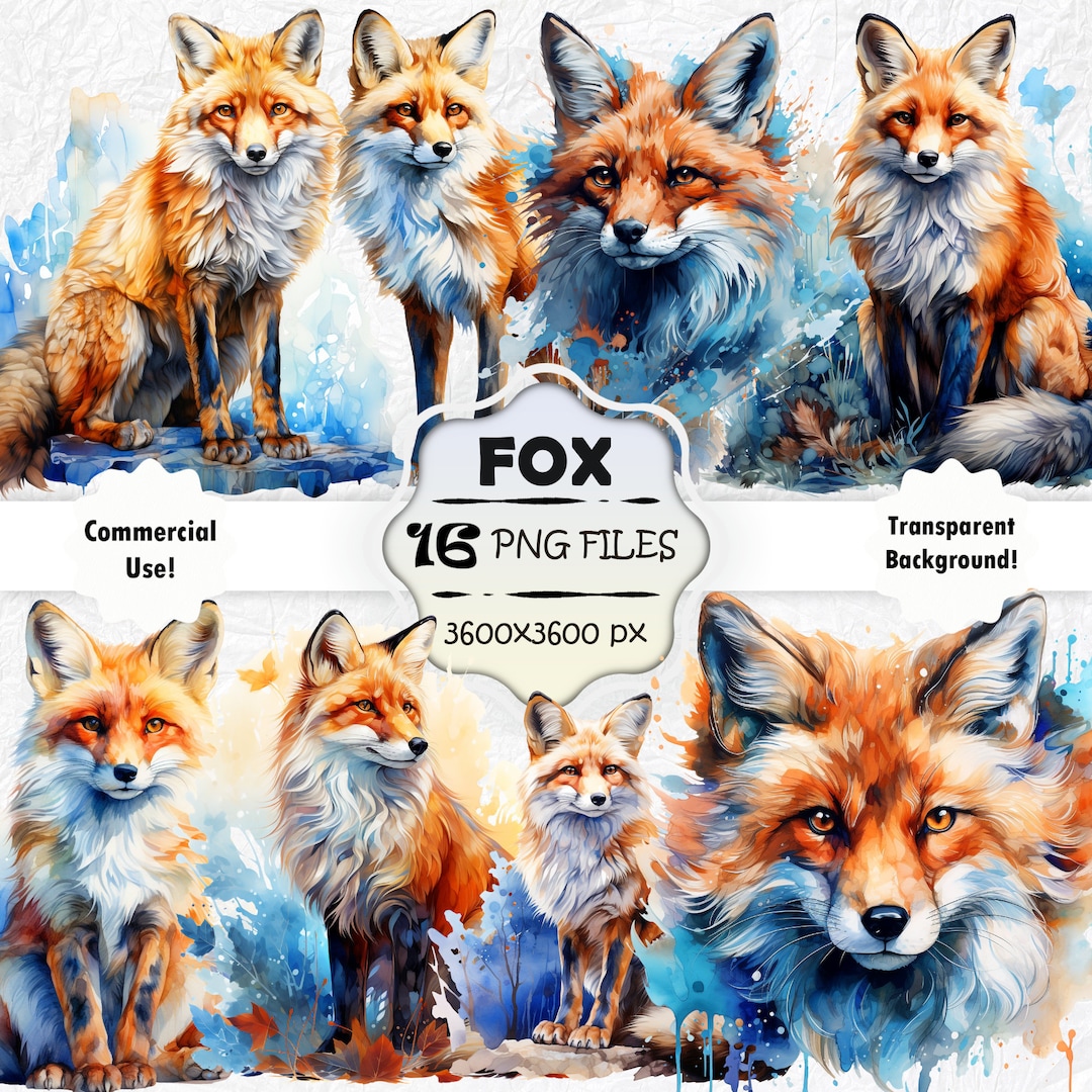 Watercolor Fox PNG Bundle, Colorful Fox Clipart Set, Cute Fox Wall Art ...