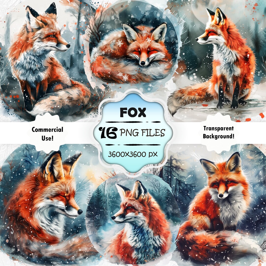 Watercolor Fox Painting, Winter Fox PNG Set, Cute Fox Prints, Junk ...