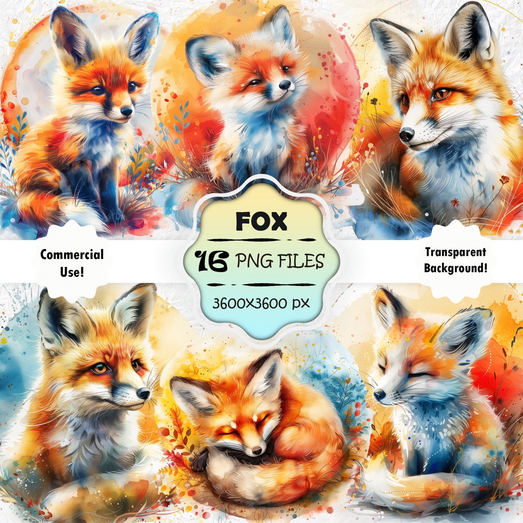 Watercolor Fox Clipart Bundle, Summer Fox PNG Set, Colorful Fox ...