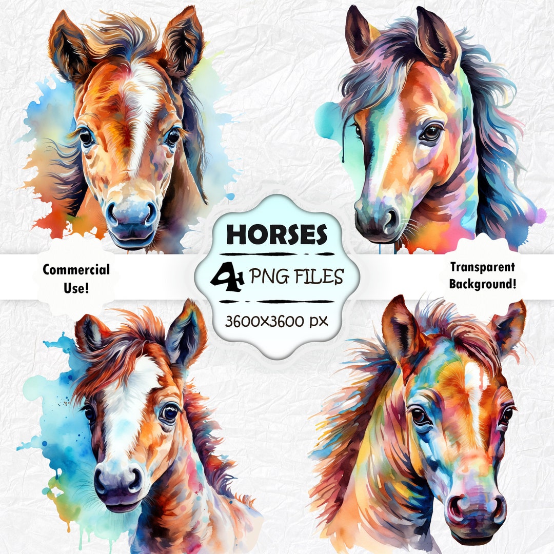 Watercolor Baby Horse Clipart Set, Cute Horse Print, Rainbow Horse PNG ...