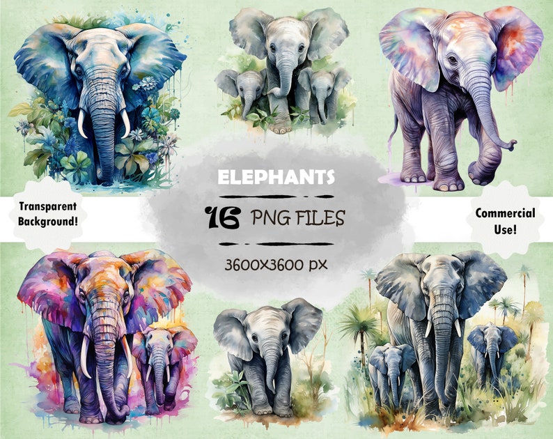 Watercolor Elephant Clipart Bundle Colorful Elephants PNG Set - Etsy