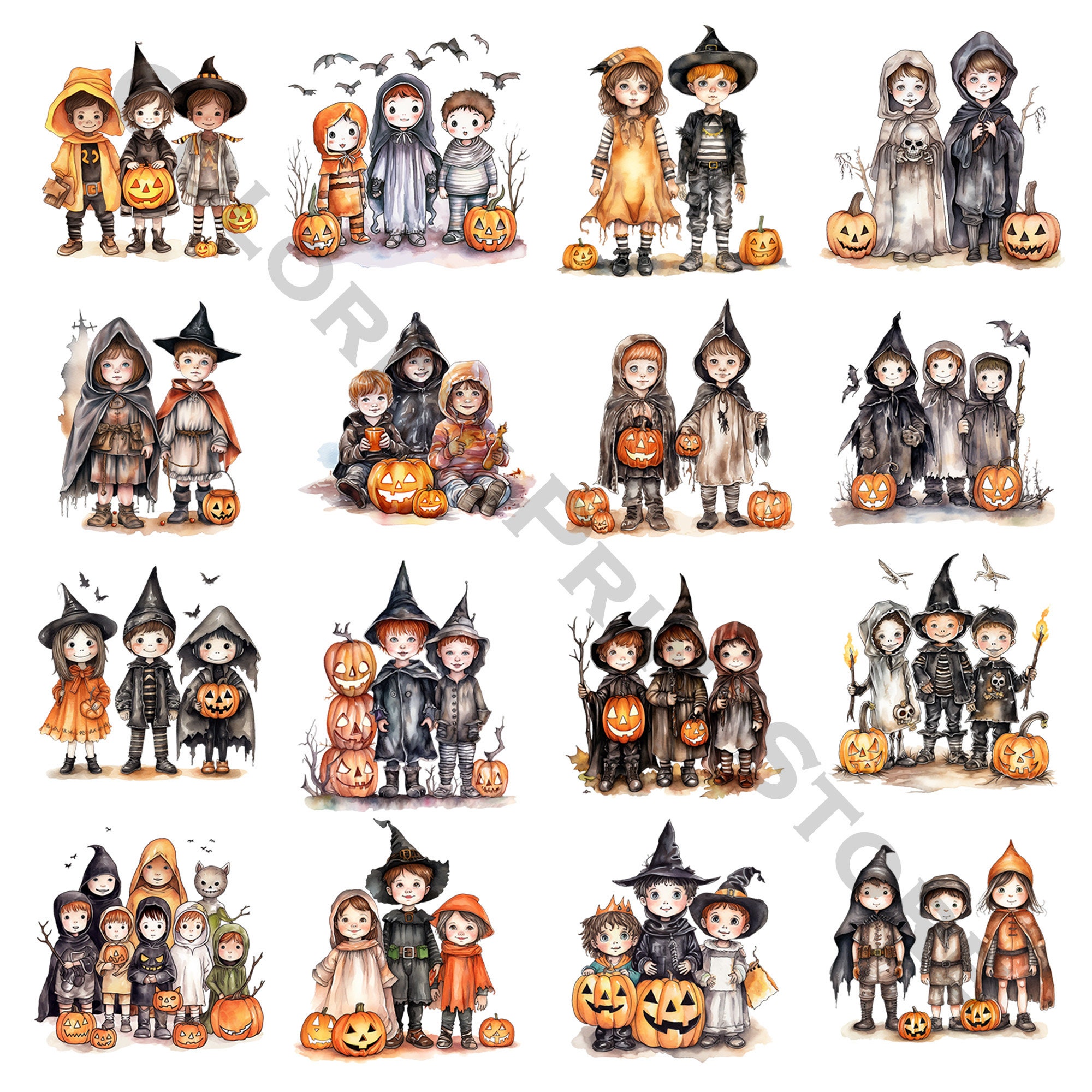 Watercolor Halloween Clipart Halloween Kids Digital Art - Etsy