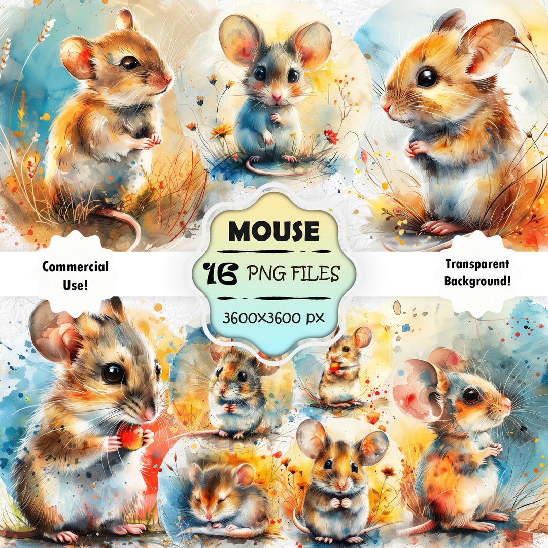 Watercolor Mouse Clipart Bundle, Cute Mouse PNG Set, Summer Mouse ...